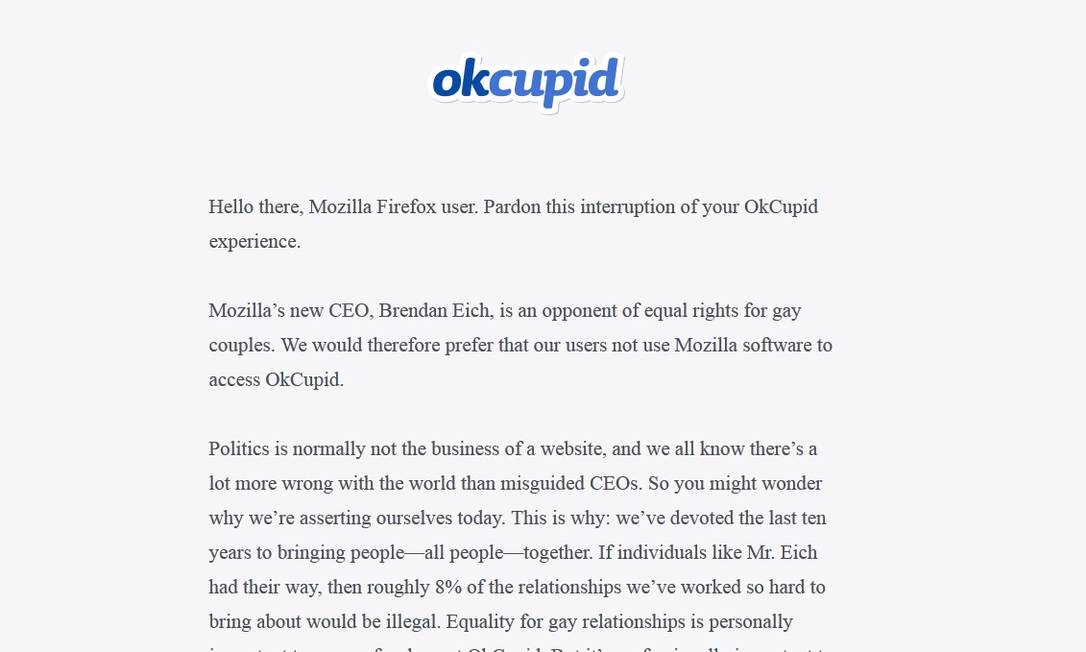 OkCupid faz campanha contra o Firefox por posição anticasamento gay do ...